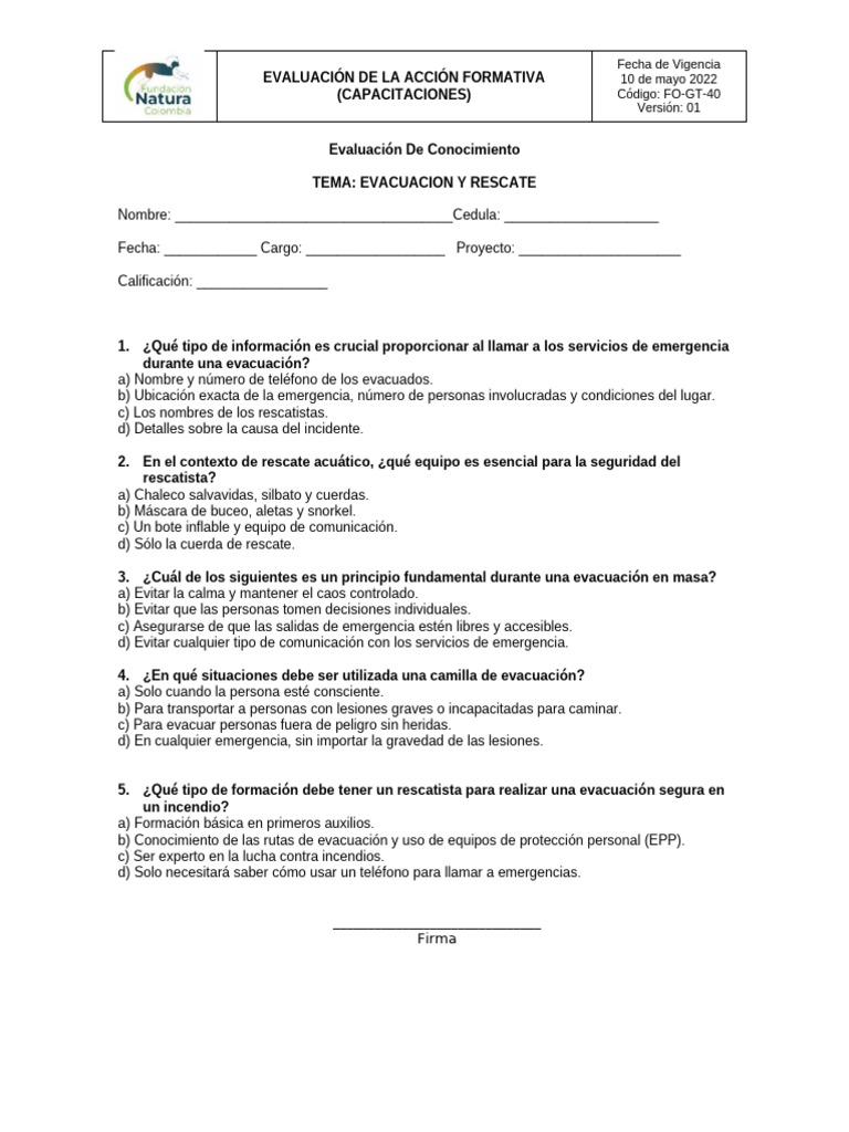Evacuacion y Rescate - Evaluacion 5 Preguntas | PDF