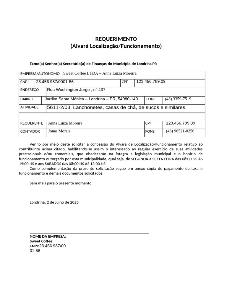 Requerimento Alvara Funcionamento 1 | PDF