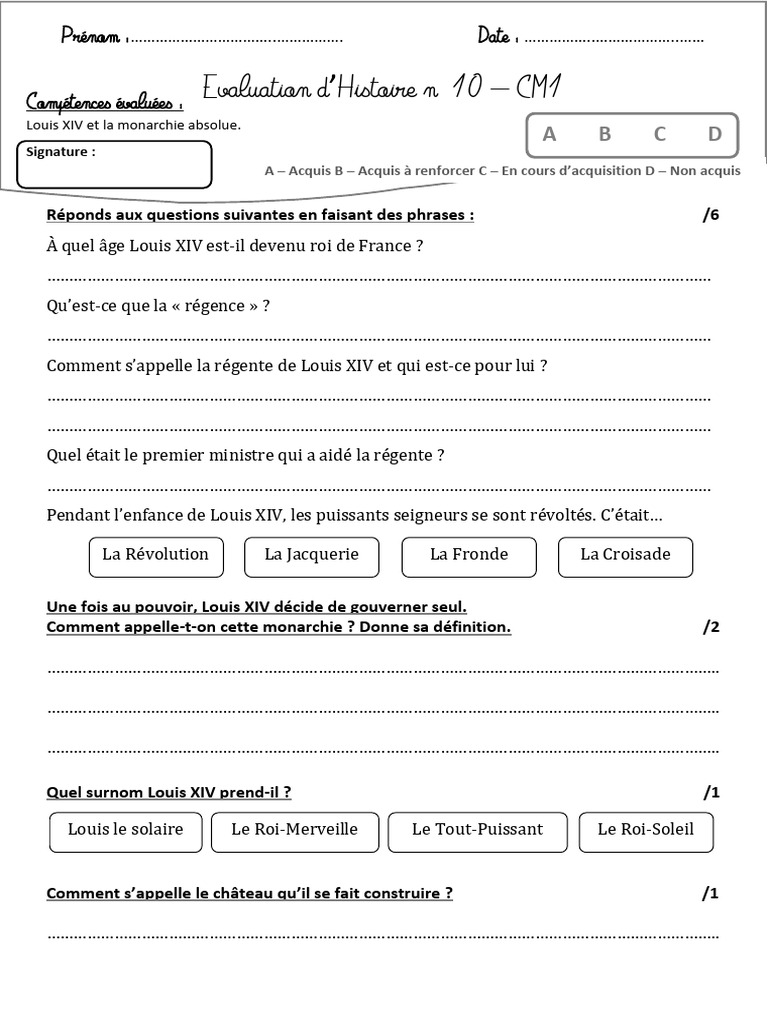 Évaluation sur Louis XIV pour CM1 | PDF