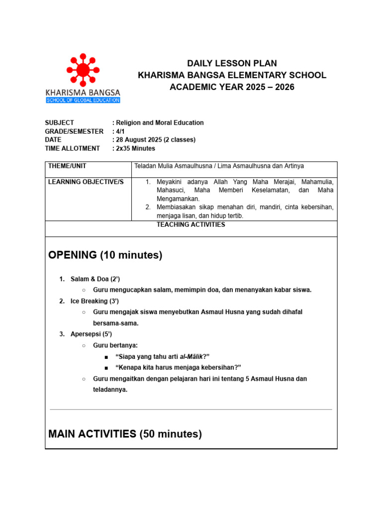 Lesson Plan Religion - G4 - Week 5 - 25-31 August - 2025-2026 | PDF
