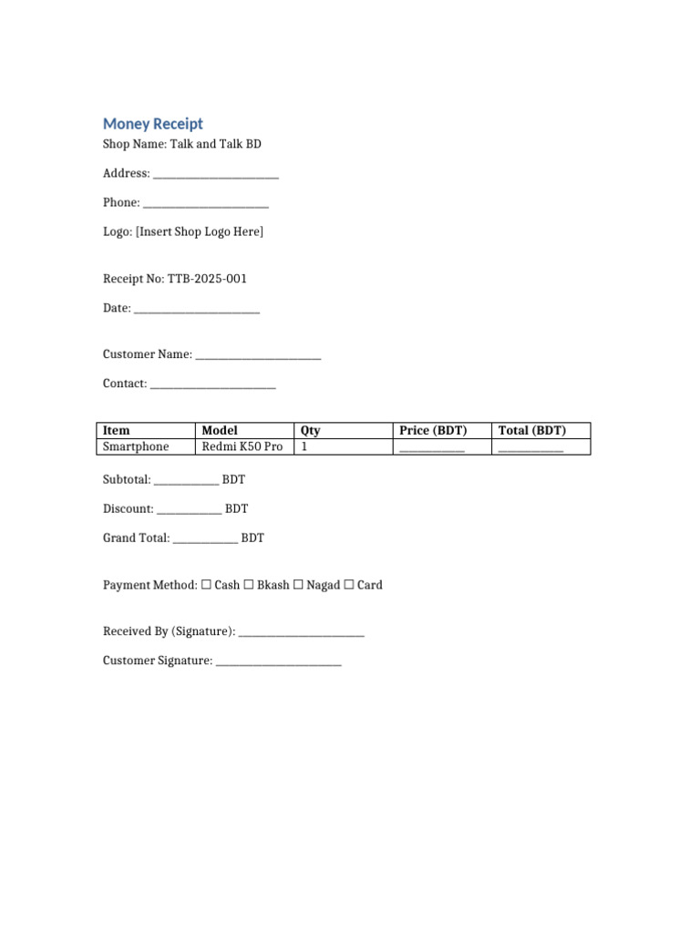 Money Receipt Talkandtalkbd Styled | PDF