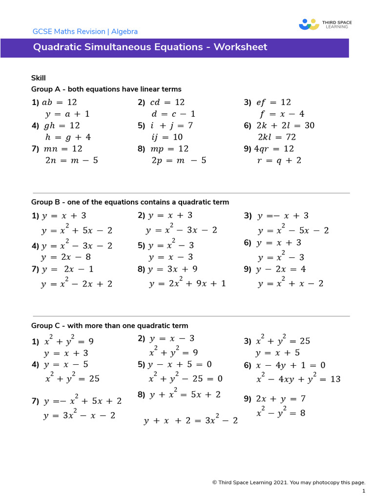 Quadratic Simultaneous Equations GCSE Maths Revision Worksheet | PDF | Quadratic Equation ...