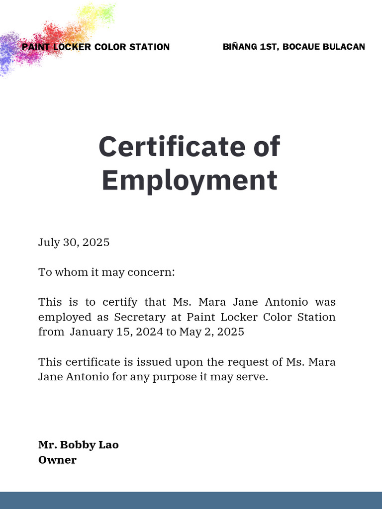 Certificate of Employment: Paint Locker Color Station | PDF
