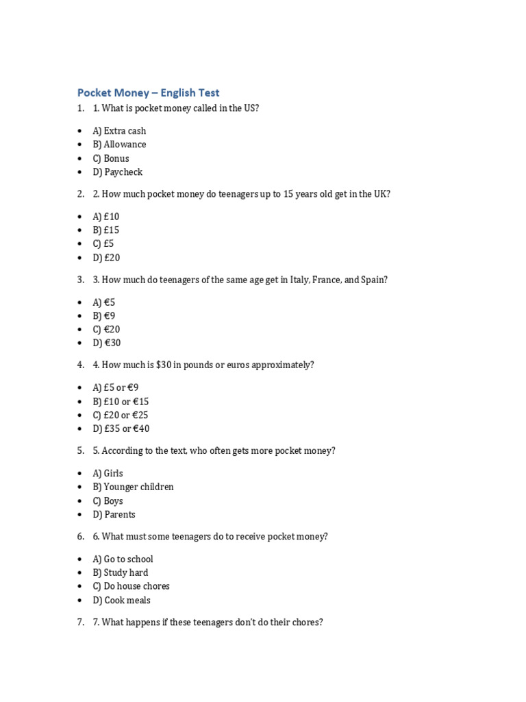 Pocket Money English Test | PDF