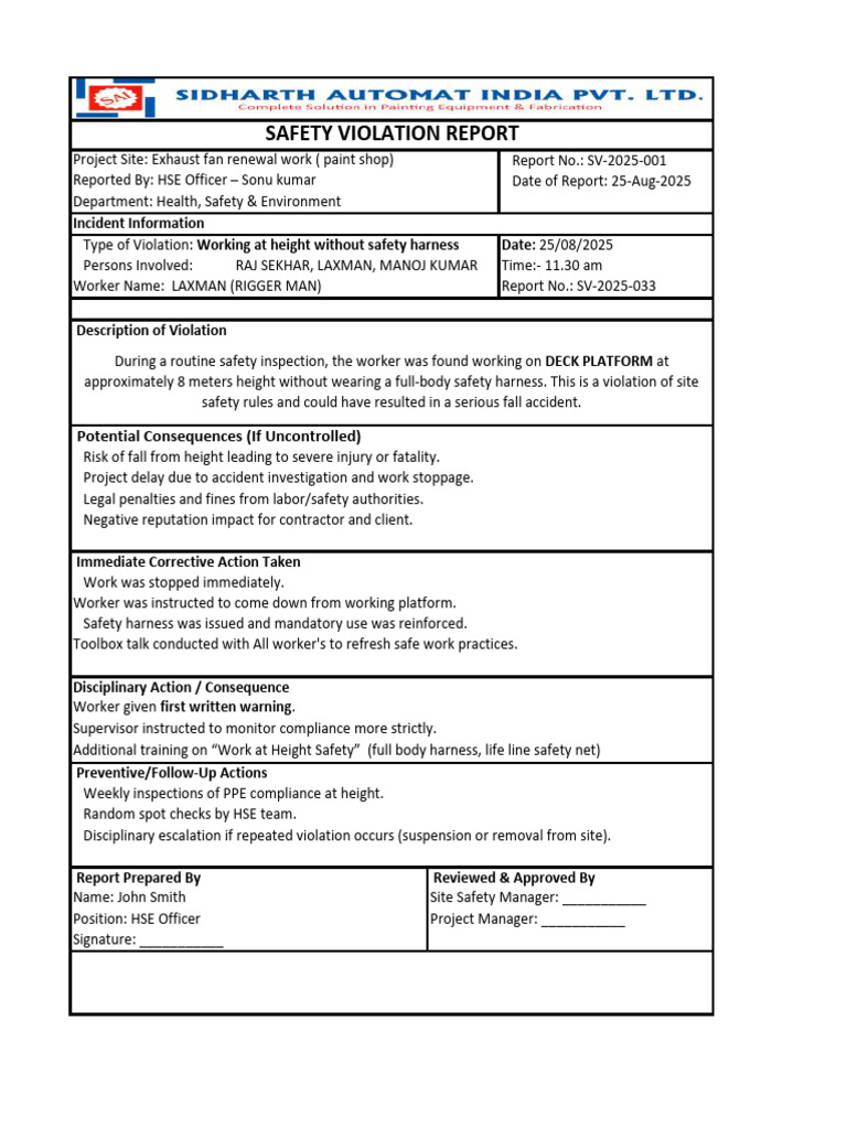 Safety Violation Report: Working at Height | PDF