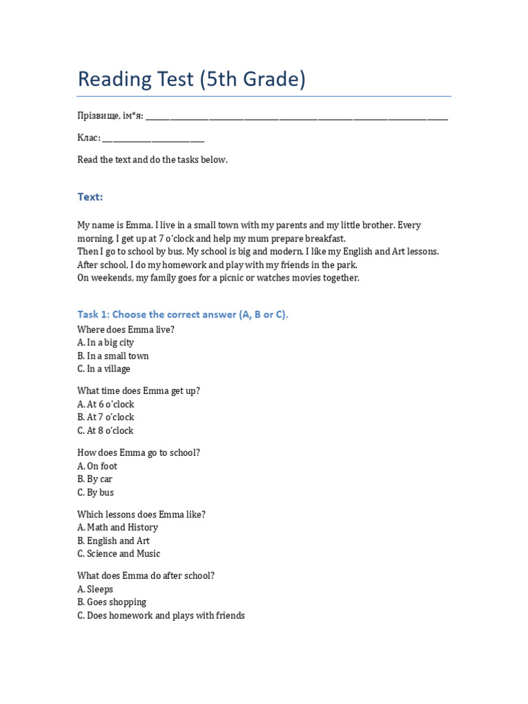 Reading Test 5th Grade | PDF