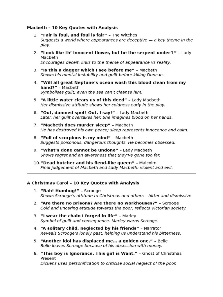 10 Key Quotes From All 3 Aqa Gcse Books | PDF | Ebenezer Scrooge | Macbeth