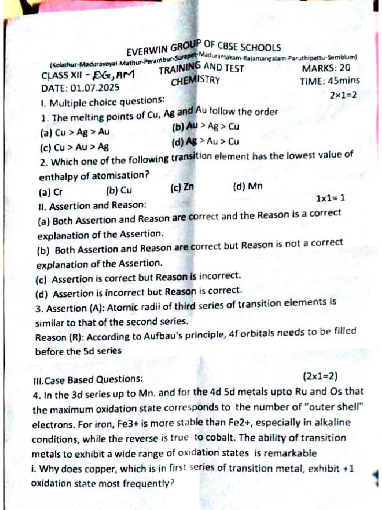 Chemistry T.T Papers CH 4 D& F Block | PDF