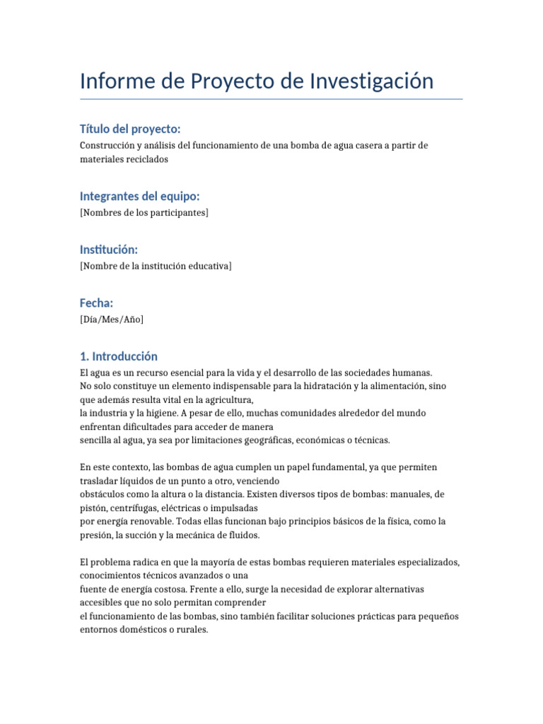 Informe Proyecto Bomba Agua Casera Completo | PDF | Bomba | Agua
