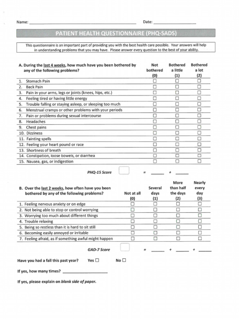 Patient Health Questionnaire PHQ SADS | PDF