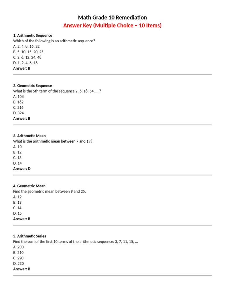 Math Grade 10 Remediation-1st Quarter (Answer Key) | PDF | Arithmetic ...