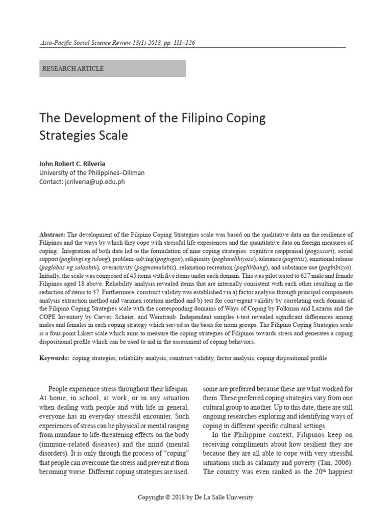 Filipino Coping Strategies Scale Development | PDF | Stress (Biology ...