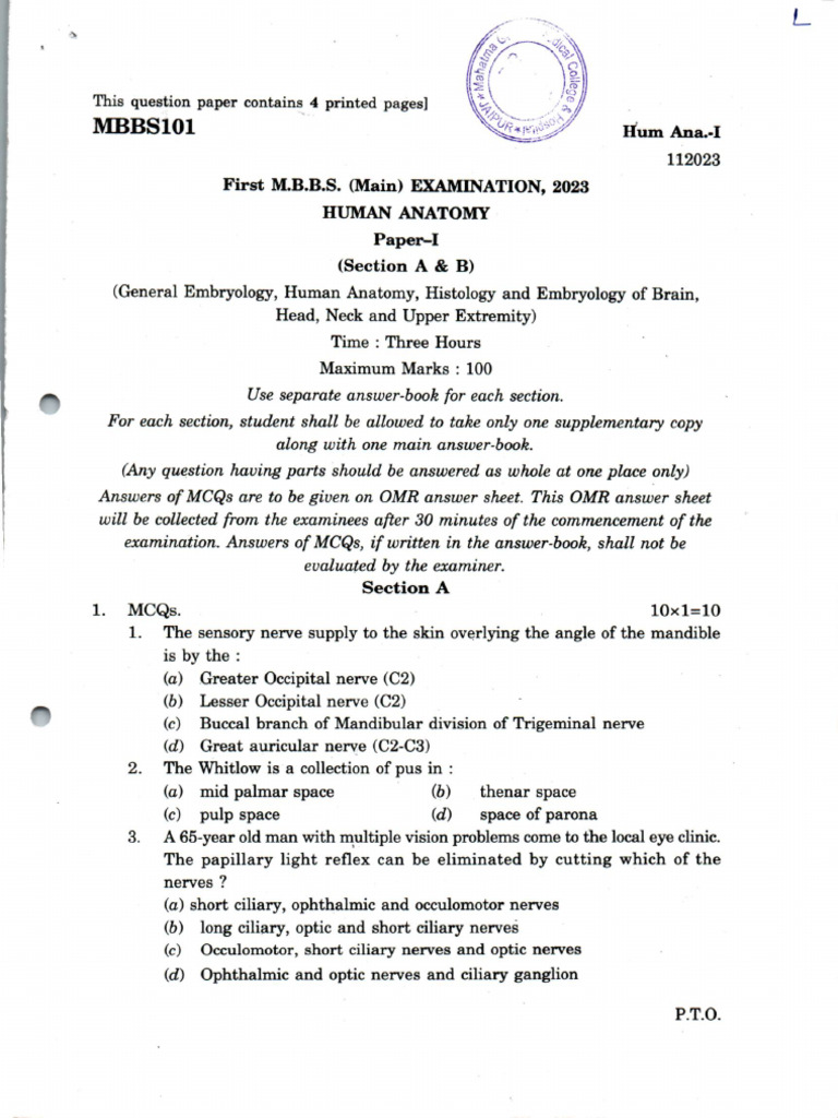 1st MBBS Main Exams 2023 of Biochemistry, Human Anatomy, Physiology | PDF