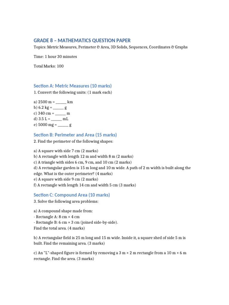 Grade 8 Mathematics Exam Paper | PDF | Area | Length