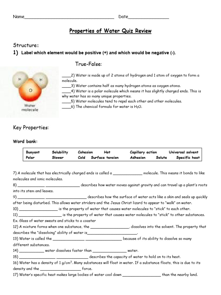 Properties of Water Quiz Review | PDF | Water | Liquids
