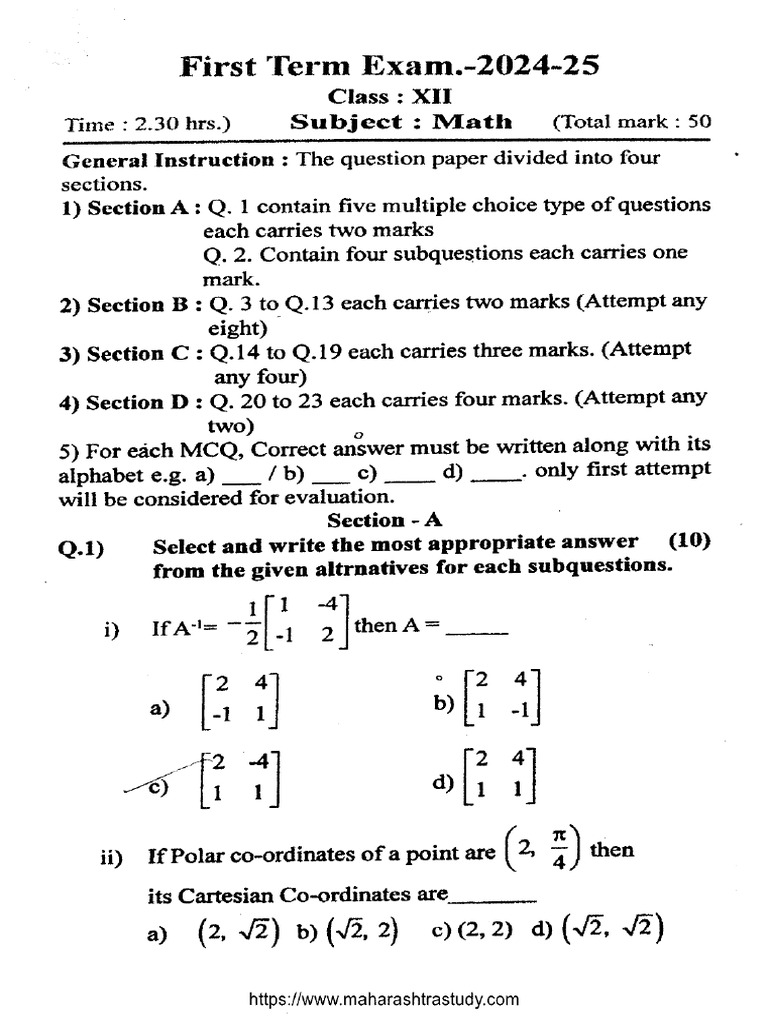 MH Board Class 12 Ut1 Mathematics 091124 2025 | PDF
