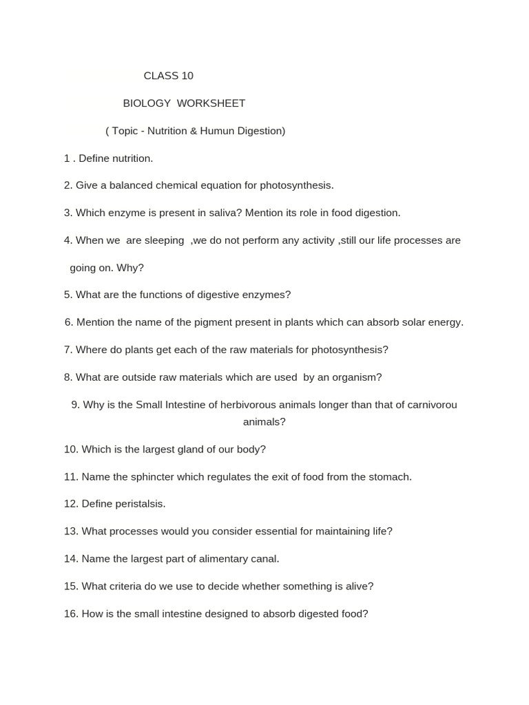 Class 10 Biology: Nutrition & Digestion Worksheet | PDF