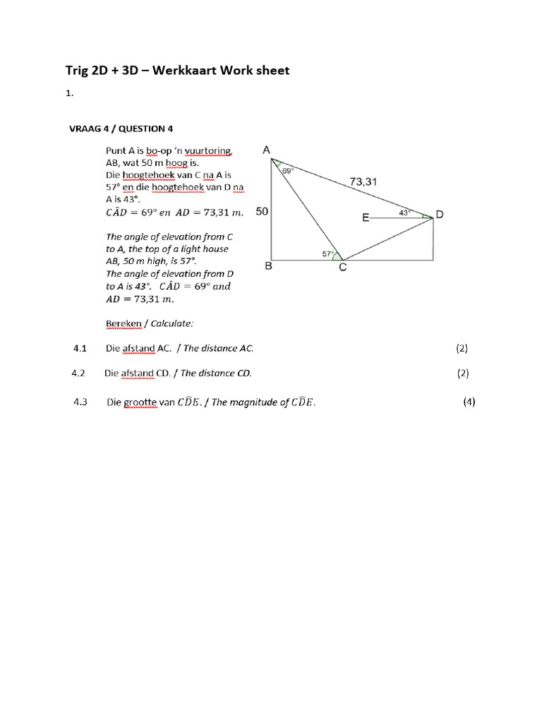 Trig 2D Werkkaart Worksheet | PDF