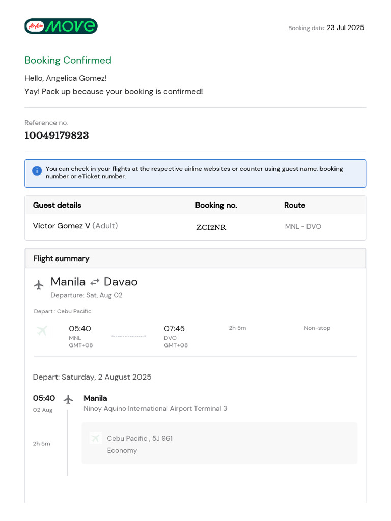Cebu Pacific Flight Confirmation: MNL-DVO | PDF
