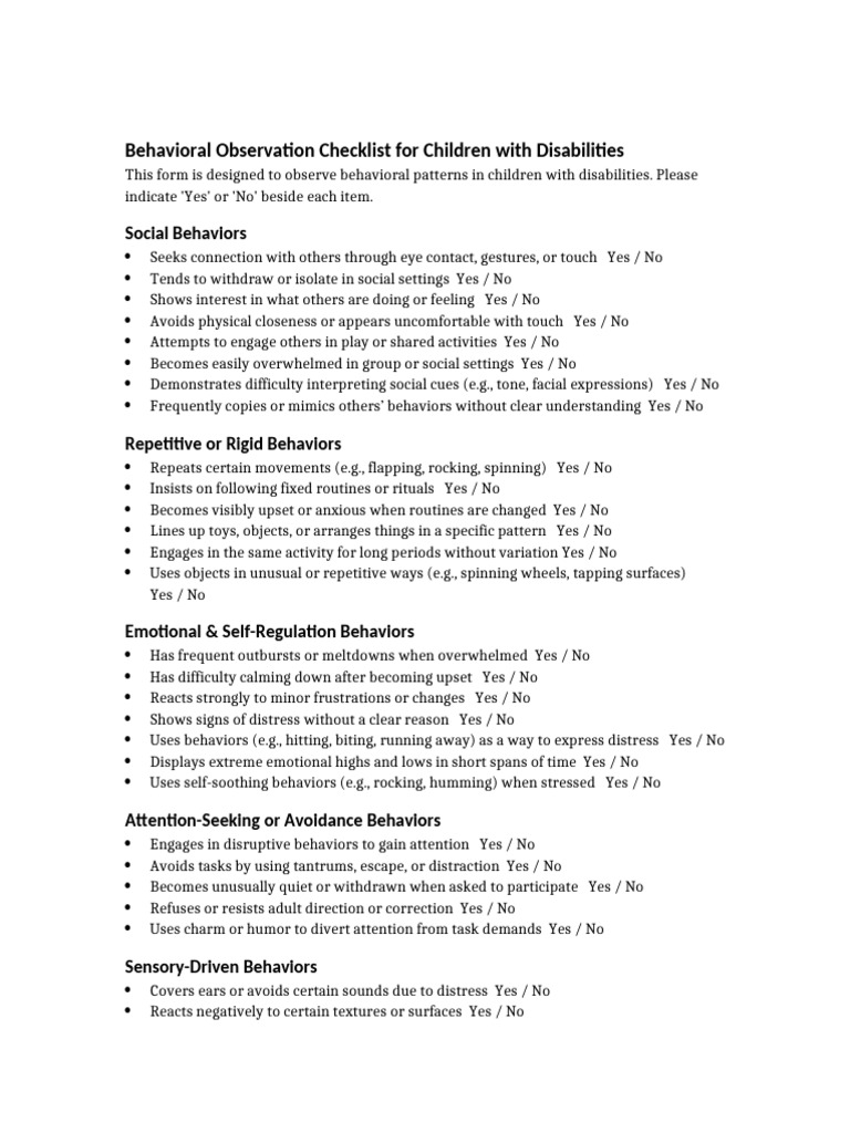 Behavioral Observation Checklist YES NO Inline | PDF | Emotional Self ...