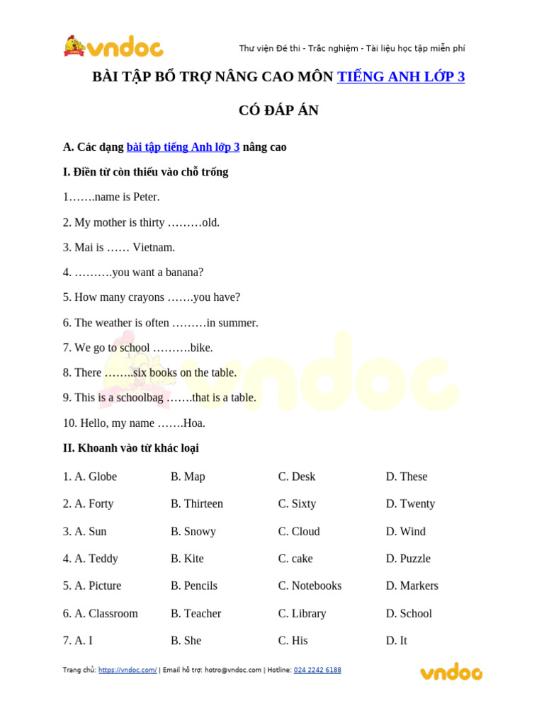 Bai Tap Tieng Anh Lop 3 Nang Cao | PDF