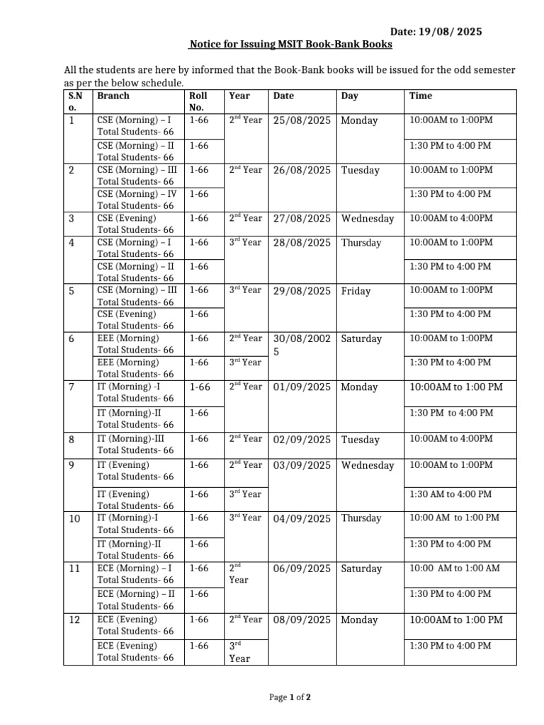 MSIT Book-Bank Issuance Schedule | PDF