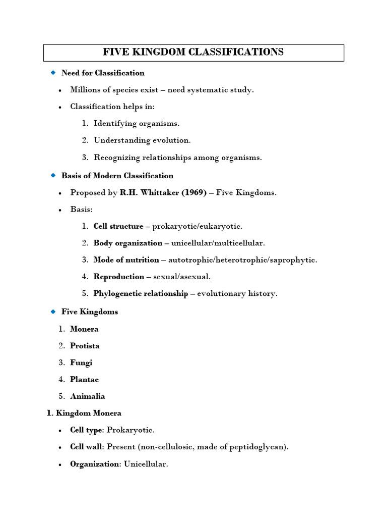 Five Kingdom Classification Overview | PDF | Cell (Biology) | Eukaryotes