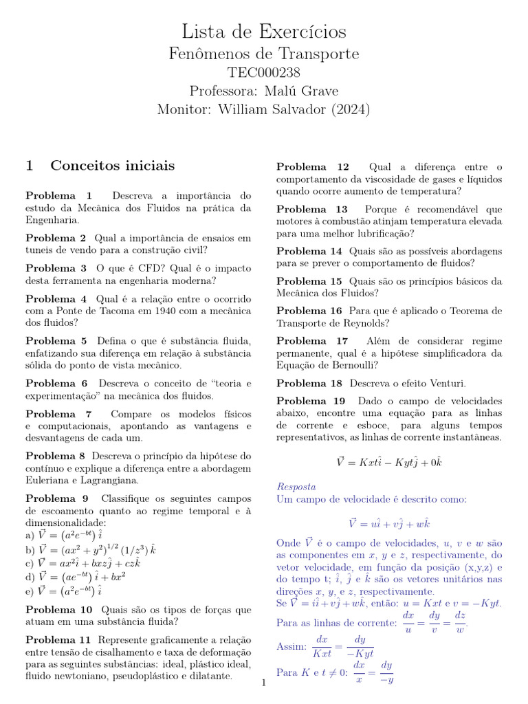 Lista1_gabarito | PDF | Viscosidade | Mecânica dos fluidos
