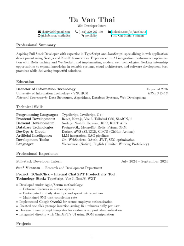 CV FE Intern Ta Van Thai | PDF | Search Engine Optimization | World Wide Web