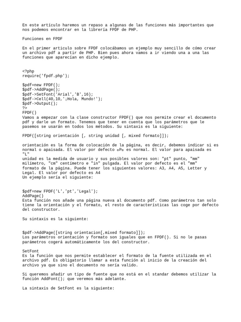 Funciones Clave de FPDF en PHP | PDF | Constructor (Programación ...