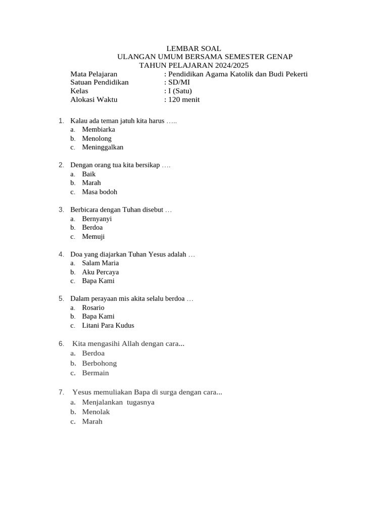 Lembar Soal Kls 1 | PDF
