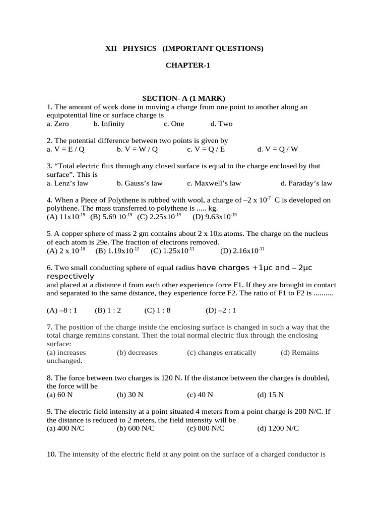 Important Physics Questions on Electric Charge | PDF | Electric Field ...
