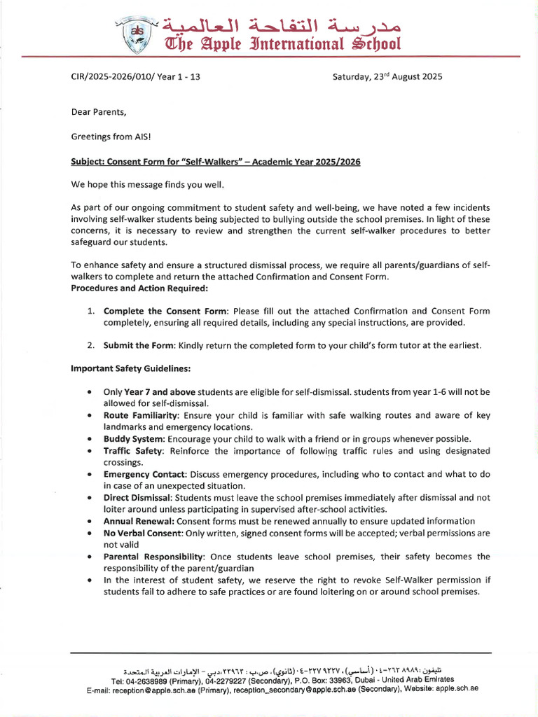 Circular No 10 - Consent Form For "Self-Walkers" - Academic Year 2025 ...