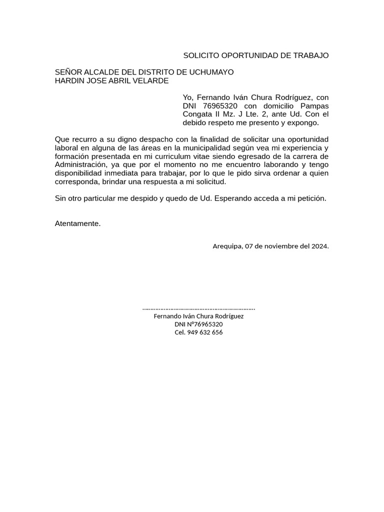 Solicito Oportunidad de Trabajo 2024 | PDF