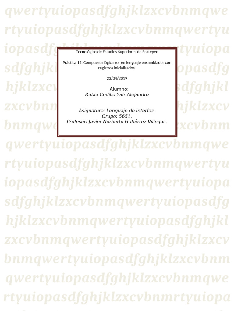 Practica 15. - Xor Con Registros Inicializados | PDF | Lenguaje ensamblador | Programación