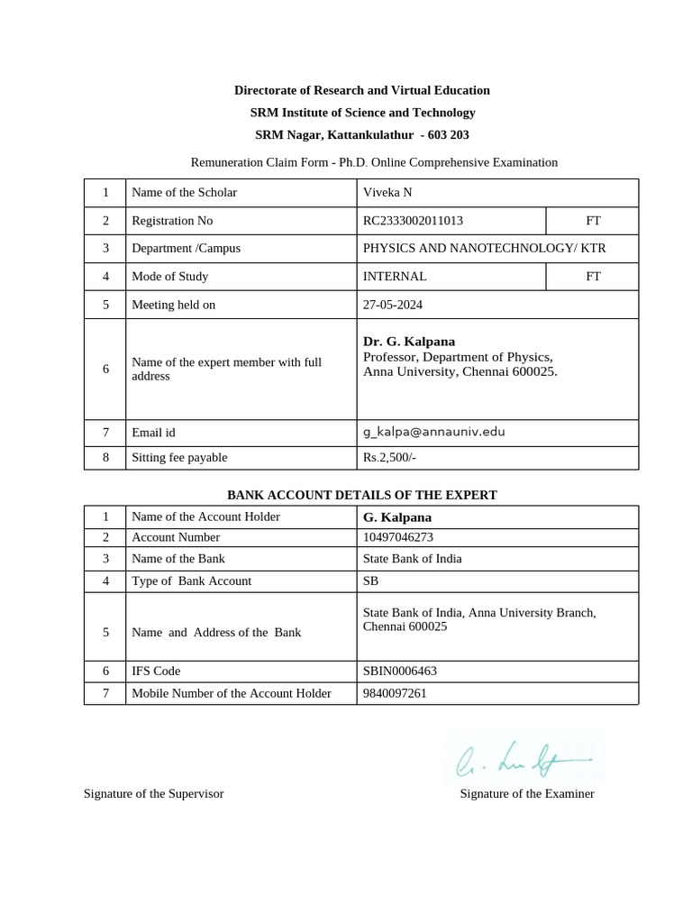 Ph.D. Remuneration Claim Form Template | PDF