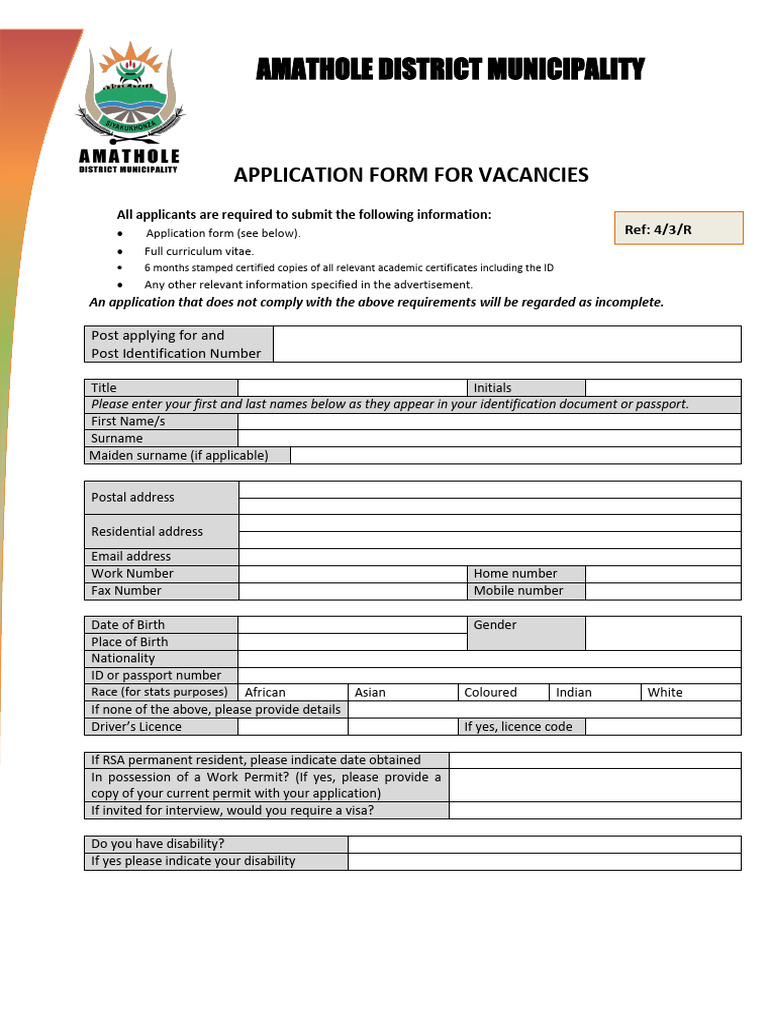 Amathole Municipality Job Application Form | PDF | Identity Document