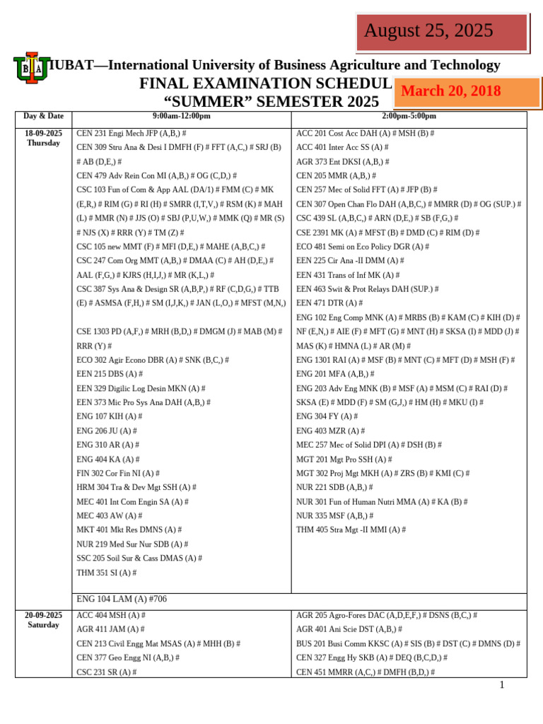 Summer 2025 Final Examination Schedule | PDF
