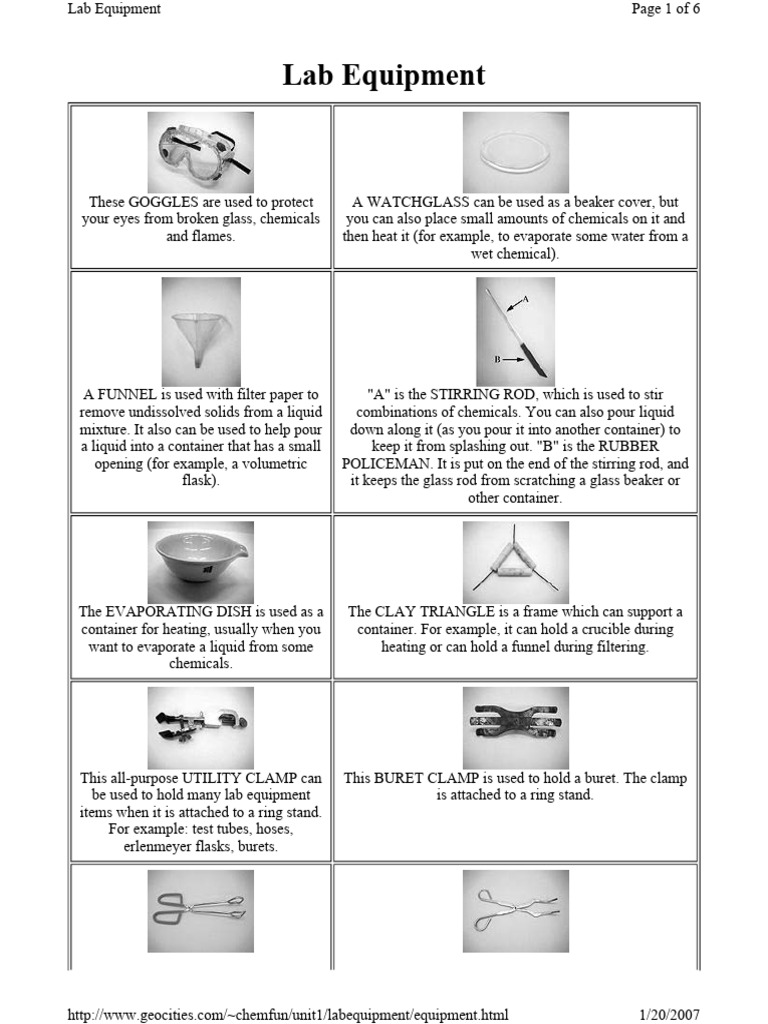Handout Lab Equipment Pics Names Descriptions | PDF | Gases