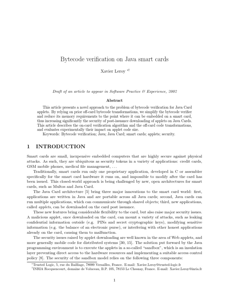 Bytecode Verification On Java Smart Cards: Draft of An Article To Appear in Software Practice ...