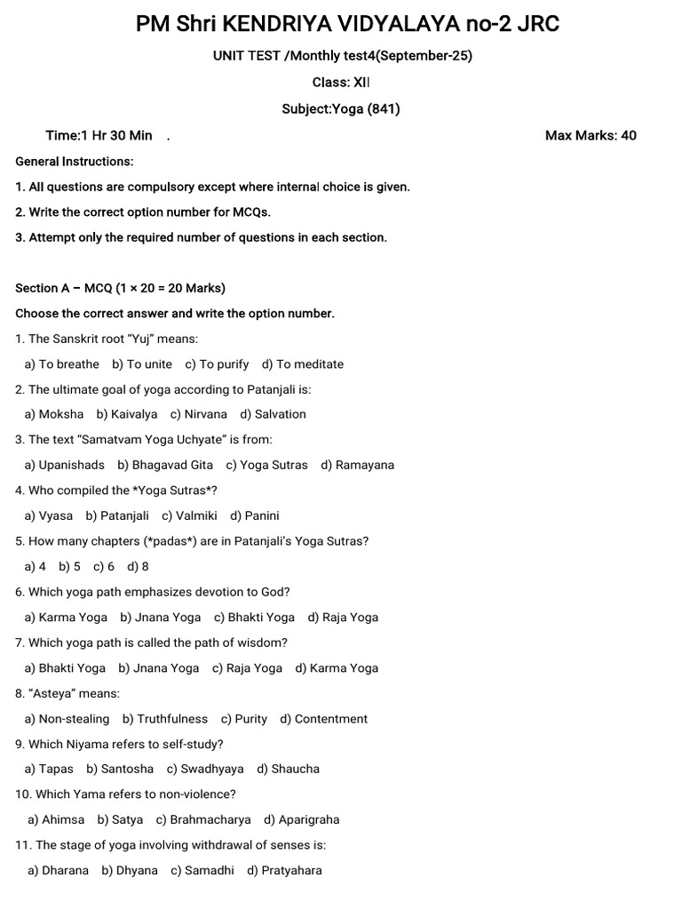 Class XII Yoga Unit Test September 2025 | PDF | Yoga | Moksha