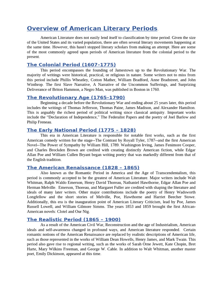 Overview of American Literary Periods | PDF | American Literature ...
