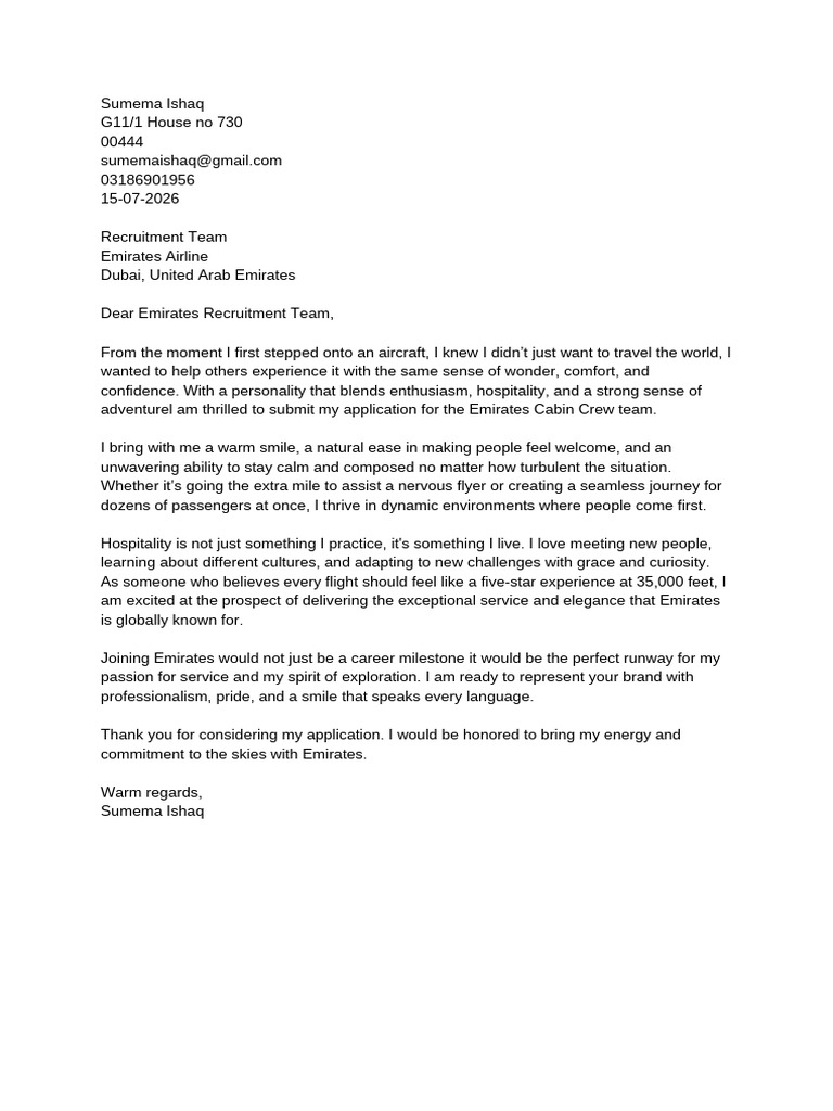 Emirates Cabin Crew Cover Letter Sample | PDF