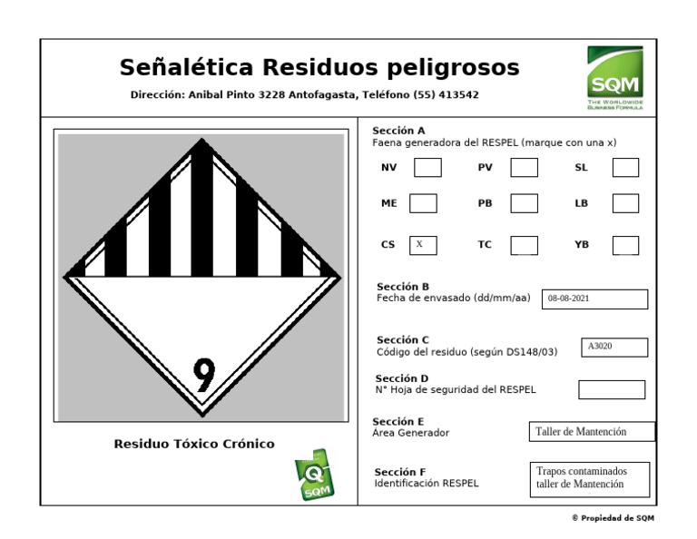 Señalética de Residuos Peligrosos SQM | PDF