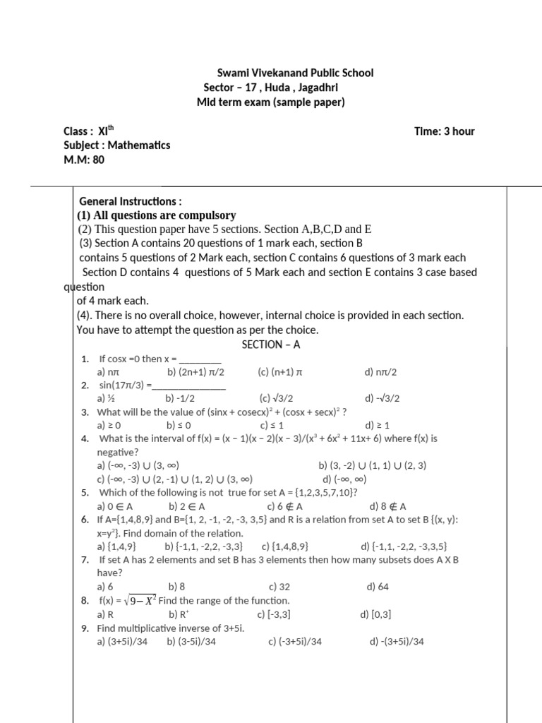 Class11th Mid Term 2024 Sample Paper Maths | PDF | Angle | Trigonometric Functions