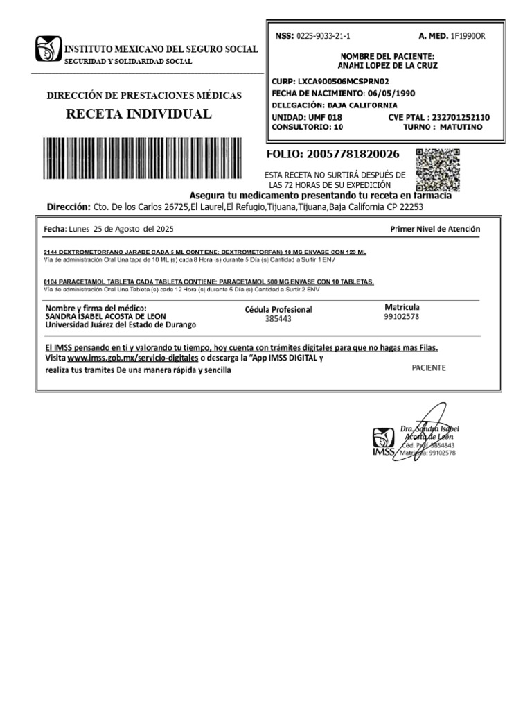 Receta Médica IMSS Tijuana 72 Horas | PDF