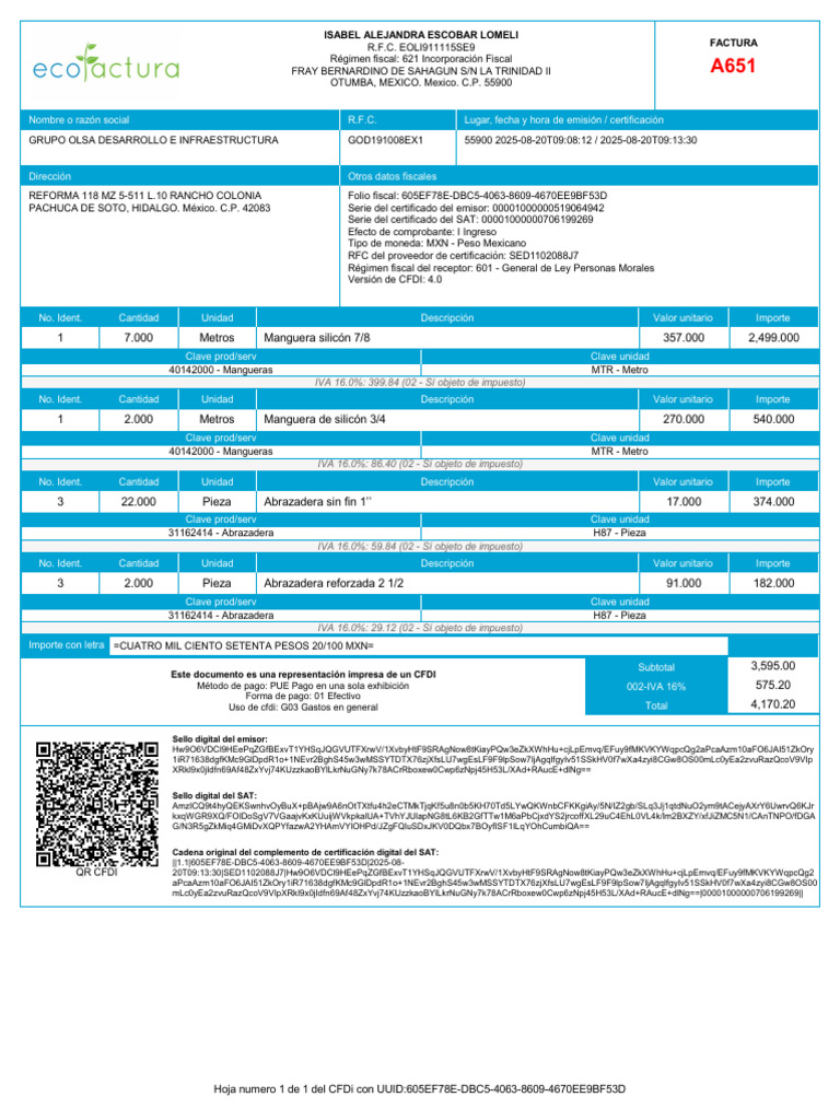 Factura CFDI 40142000 Mangueras | PDF