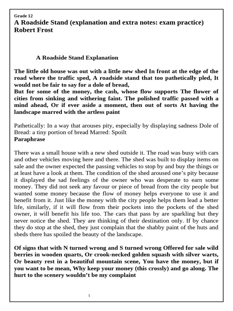 A Roadside Stand - Docx Extra Notes | PDF