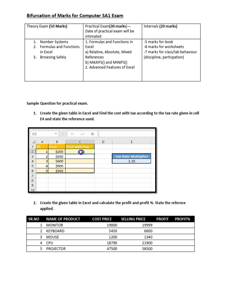 Bifurcation of Marks For Computer SA1 Exam | PDF | Microsoft Excel | Computing