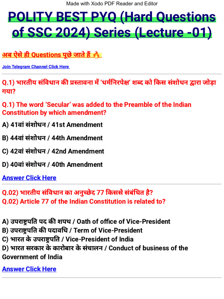 POLITY Best PYQ (Hard Questions) | PDF